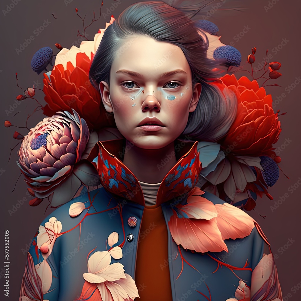 Woman on a gradient background with flowers. Sustainable fashion, eye ...