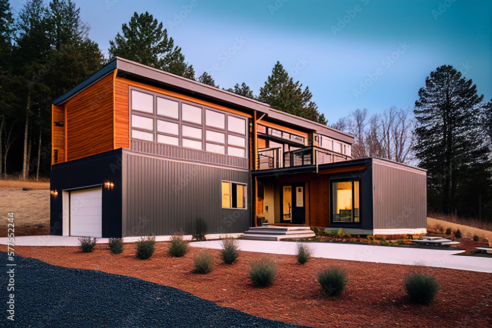 Prefab house on sunset. Modern Suburban Modular house construction ...