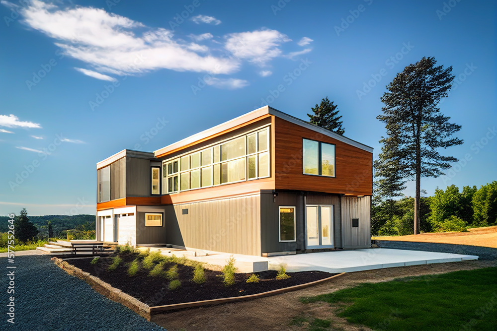 Prefab house on sunset. Modern Suburban Modular house construction ...