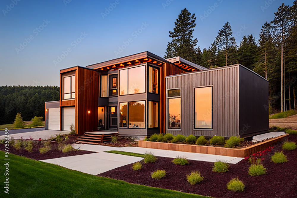 Prefab house on sunset. Modern Suburban Modular house construction ...