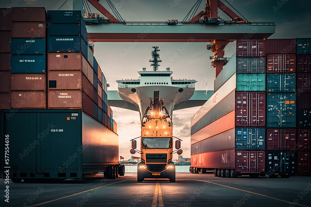 A cargo freight ship surrounded by container handlers, cranes, cargo ...