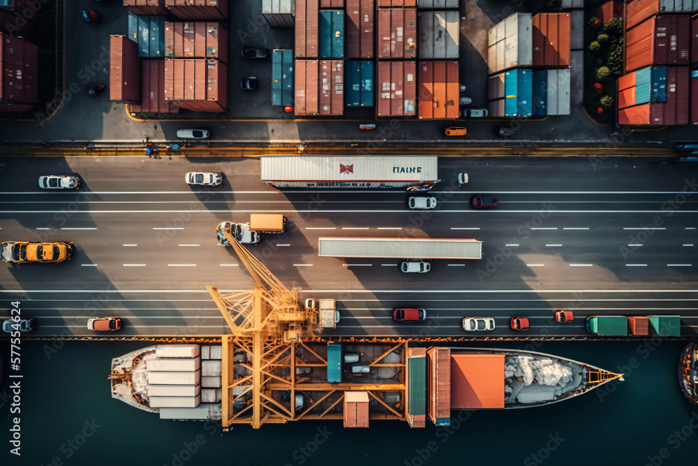 A cargo freight ship surrounded by container handlers, cranes, cargo ...