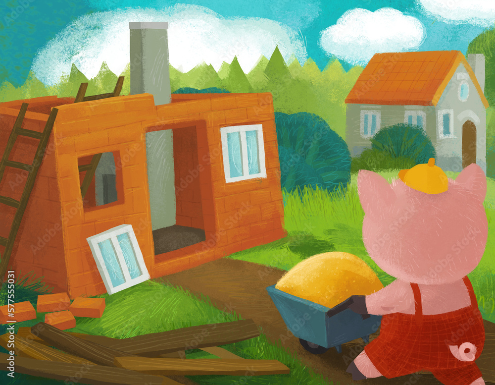 cartoon scene with farmer pigs working and building house illustration ...
