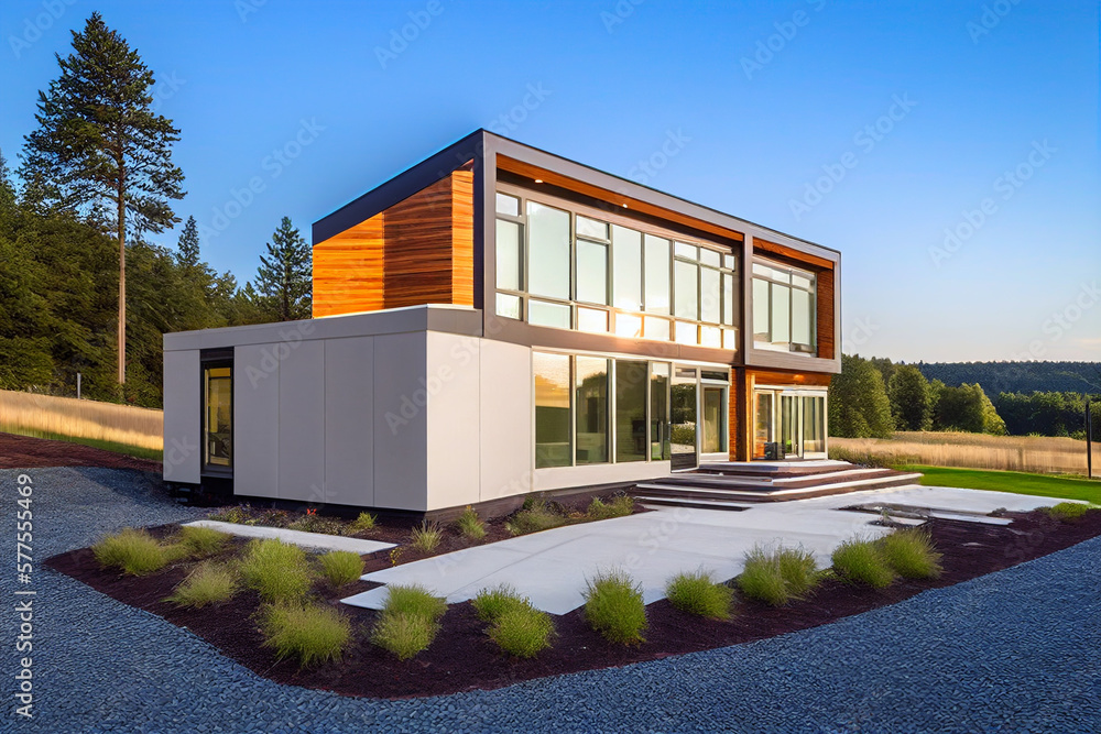 ภาพประกอบสต็อก Prefab house on sunset. Modern Suburban Modular house ...
