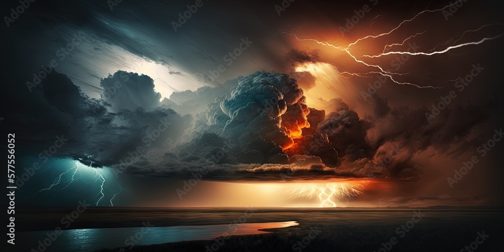 The sky displays shades of gray, yellow, and orange with intense cloud ...