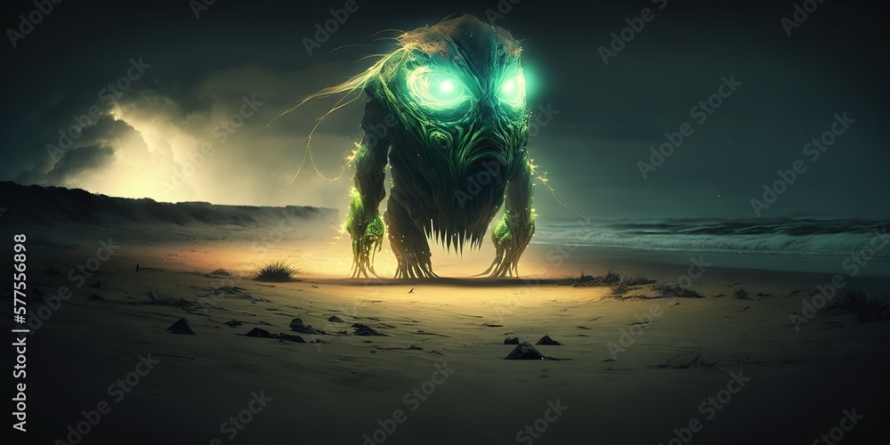 Glowing monster on night beach, concept of Mystic Moonlight and Glaring ...