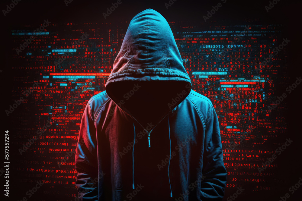 Hacker in a hood with a hidden face looks at the screen of a laptop ...