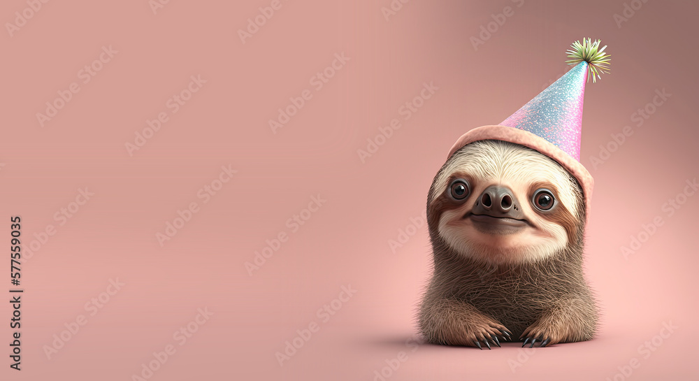 Cute Cartoon Birthday Sloth Wearing a Party Hat with Room for Copy ...