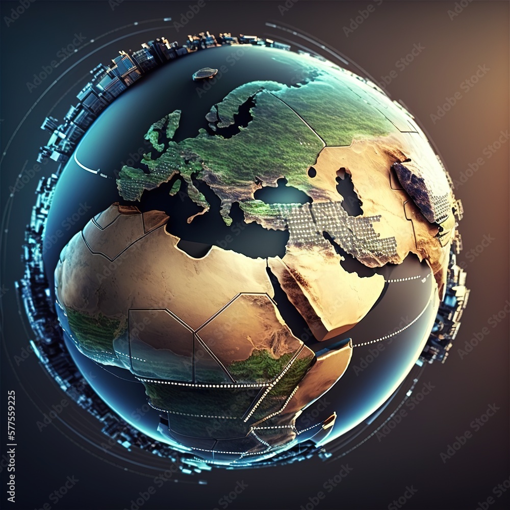 Planet earth with continents, consisting of elements. The technological ...