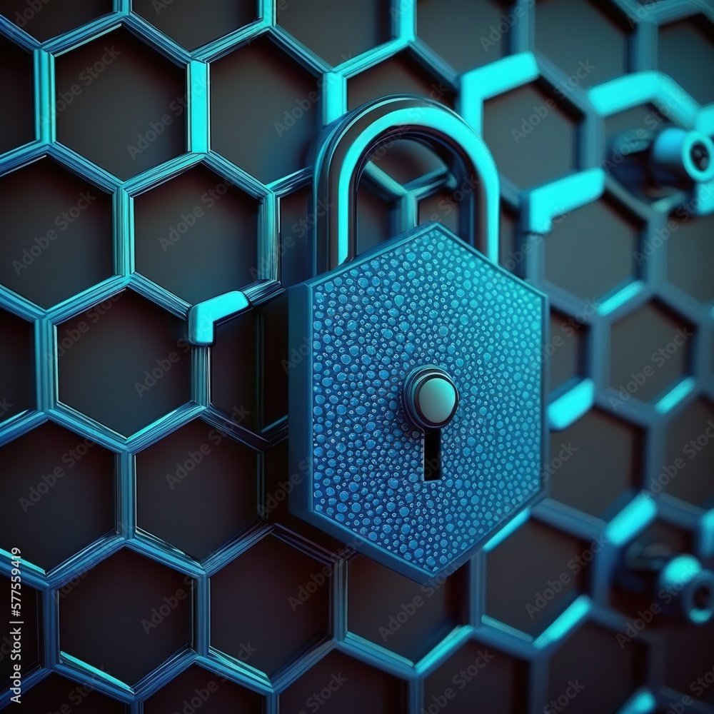 Security concept. Futuristic surface with locks is located on hexagon ...