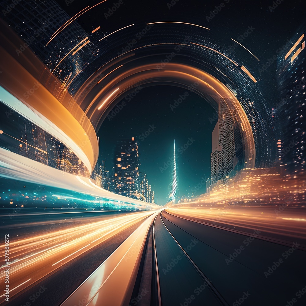 warp speed in hyper loop with blur light from buildings' lights in mega ...