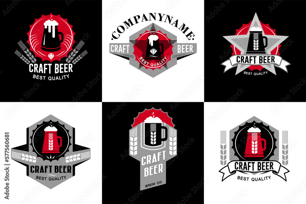 Beer label badges. Beers brewery, lager bottle badge and emblem. Tavern ...