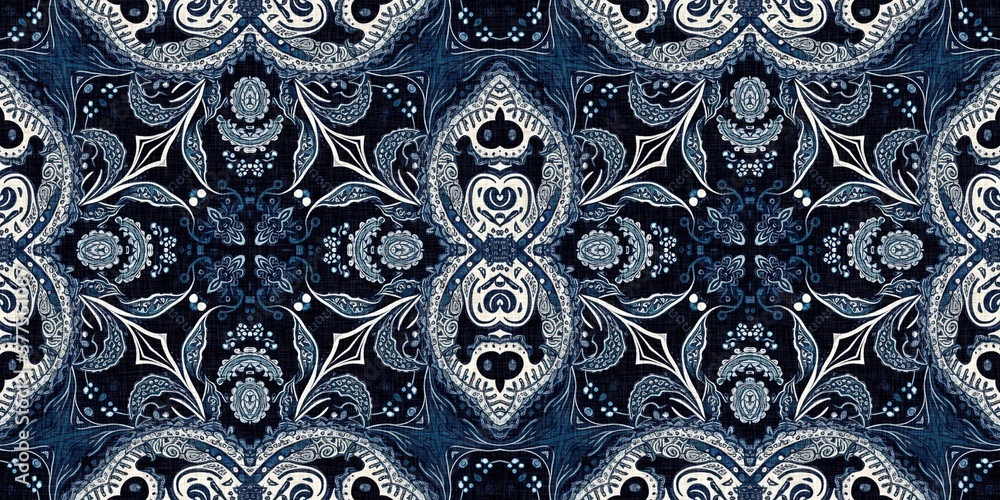 Retro indigo floral bandana 2 tone patterned fabric border background ...