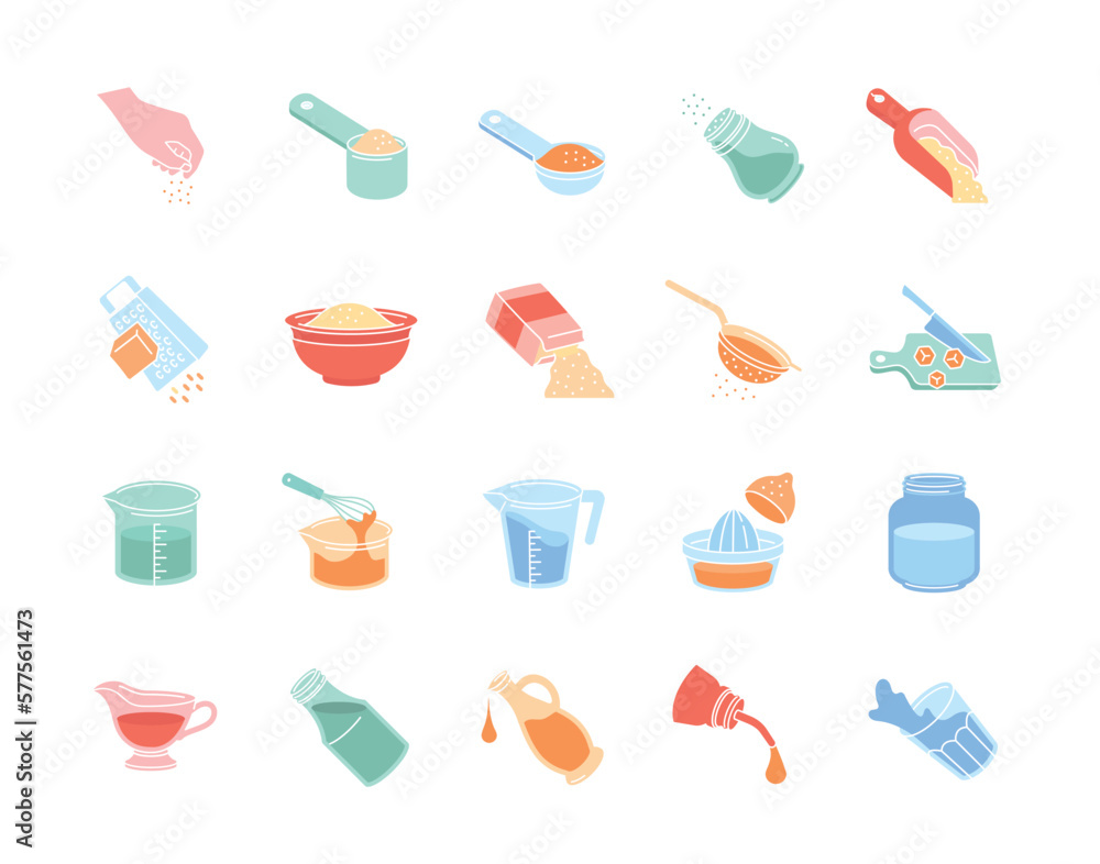 Measures of cooking icons set. Collection of kitchen utensils. Grater ...