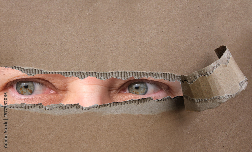 blank cardboard form, craft paper, hole with Human eye, Young child 10 ...