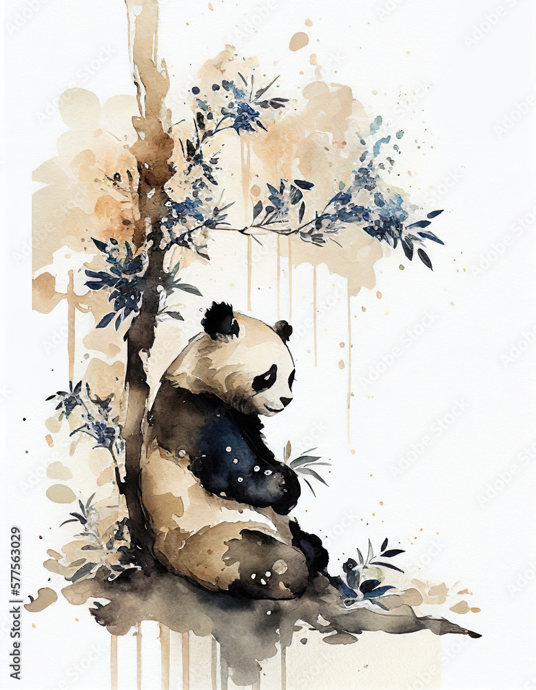 Panda Bear Japanese Style Water Color Illustration. Generative AI Stock ...