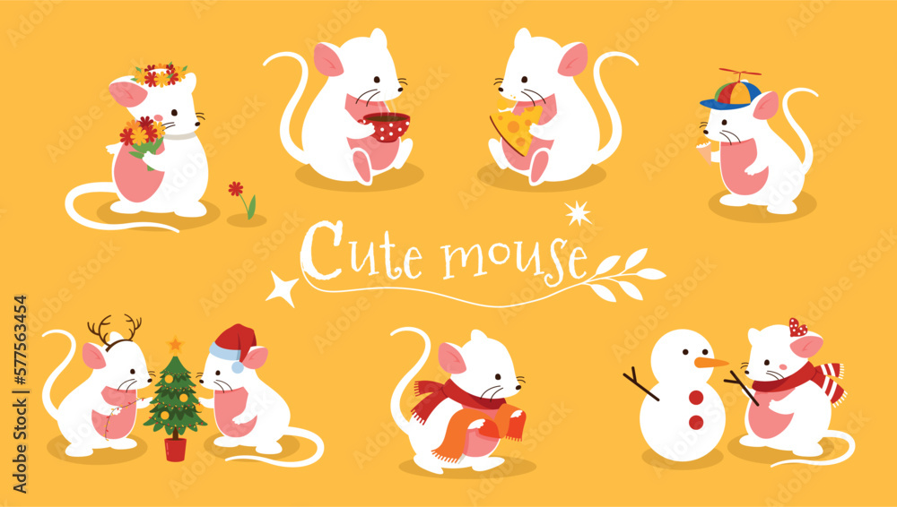Mouse banner concept. Animals and rodents in clothes with cups of hot ...