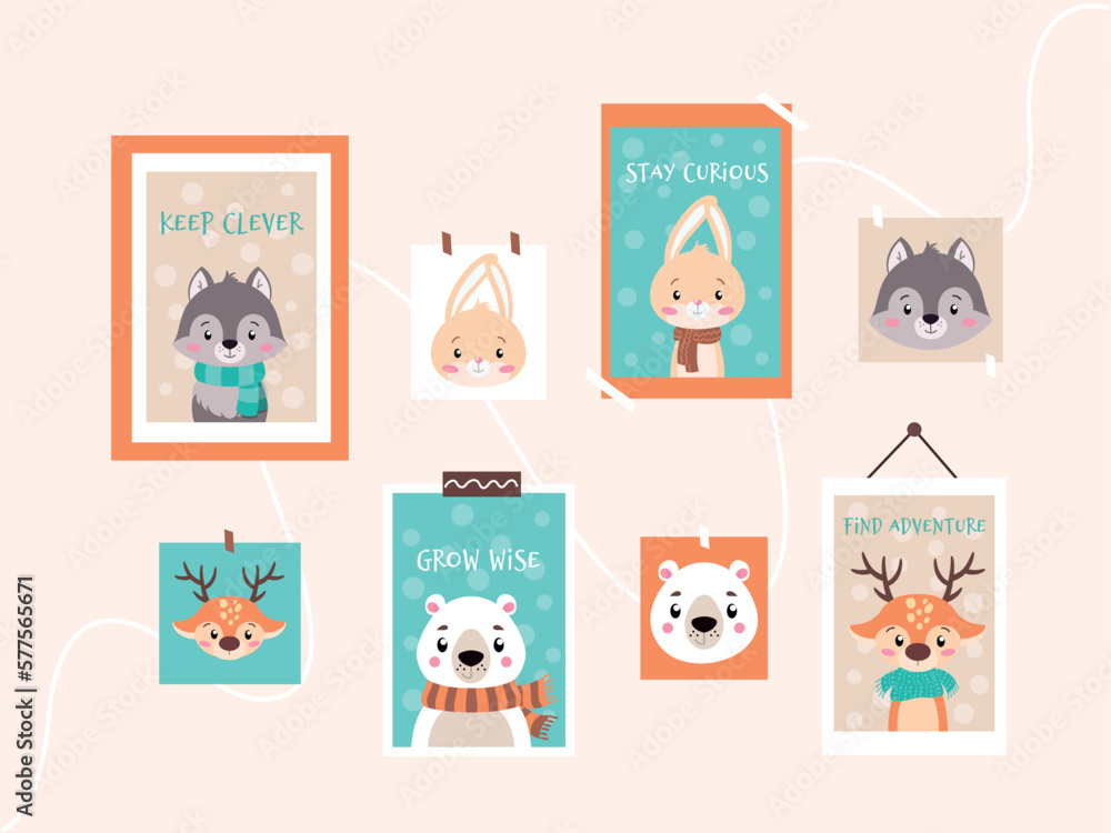 Arctic animal photo. Deer, hare, wolf and polar bear. Collection of ...