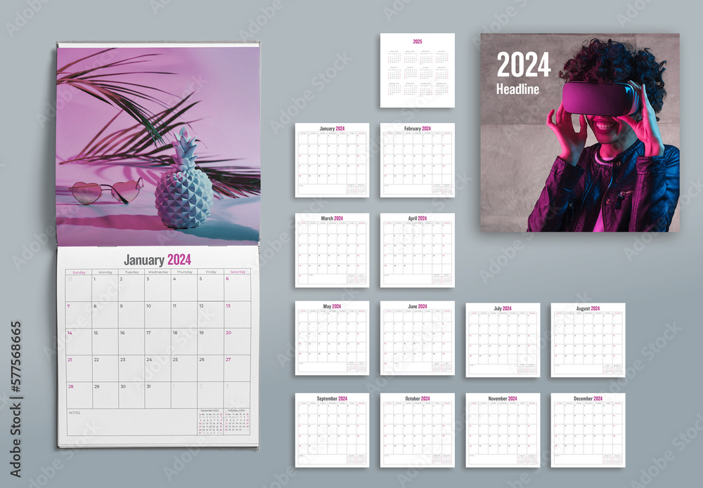 2024 Square Calendar Layout Stock Template | Adobe Stock
