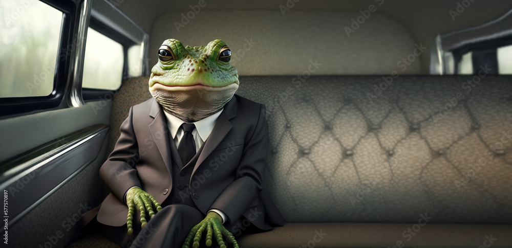 Funny confident frog wearing a business suit and tie. Sitting in the ...