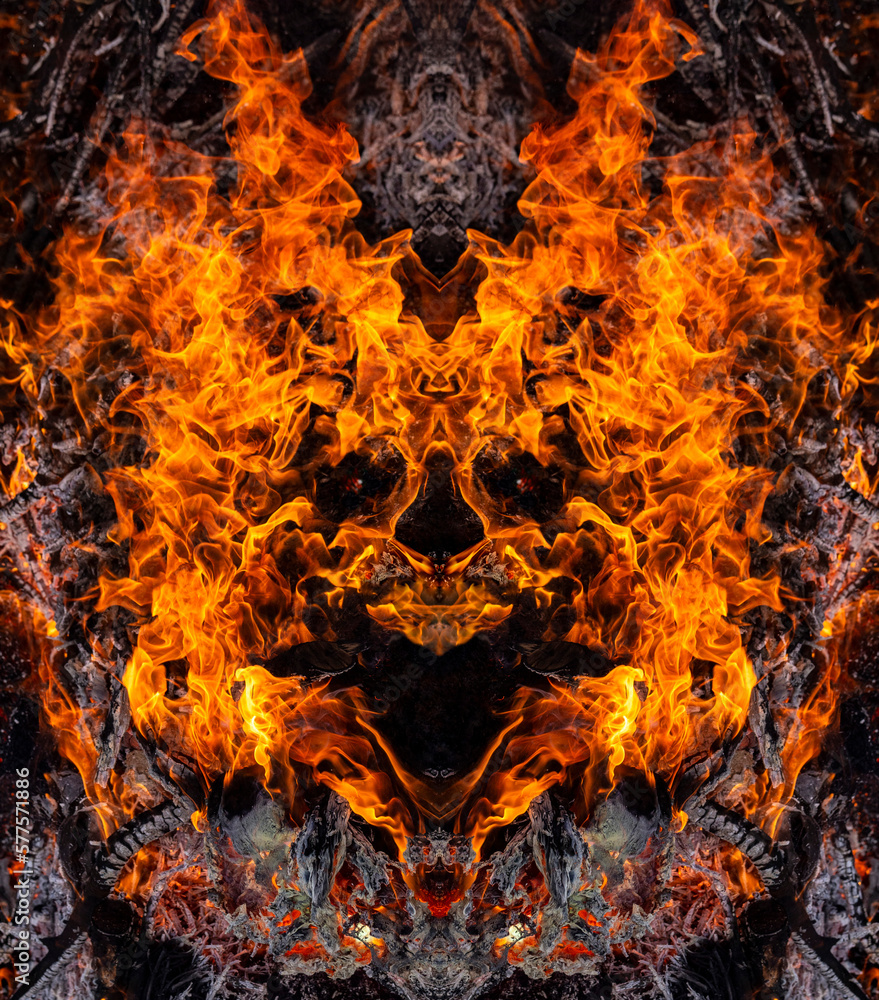 Fiery face. God of fire. An evil demonic spirit. The carbon demon of ...