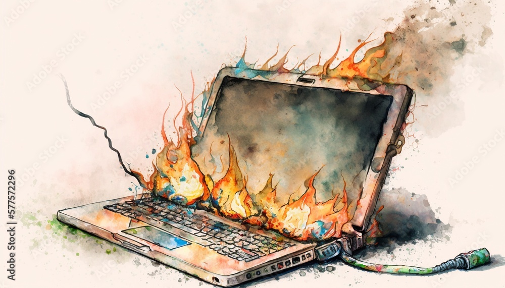 Burning Laptop Illustration. IT Emergency, Putting Out a Fire, Computer ...