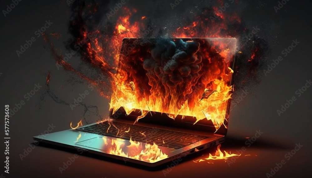 Burning Laptop Illustration. IT Emergency, Putting Out a Fire, Computer ...