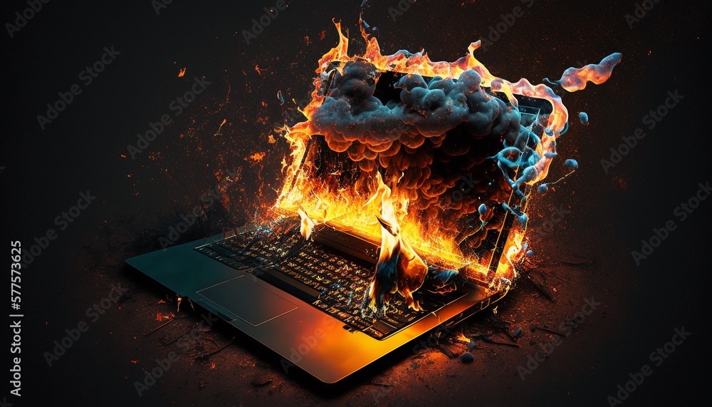 Burning Laptop Illustration. IT Emergency, Putting Out a Fire, Computer ...