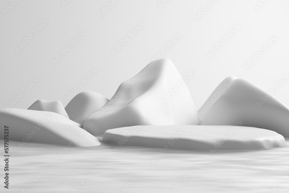 Stone podium display white stone, snow or iceberg on water surface in ...