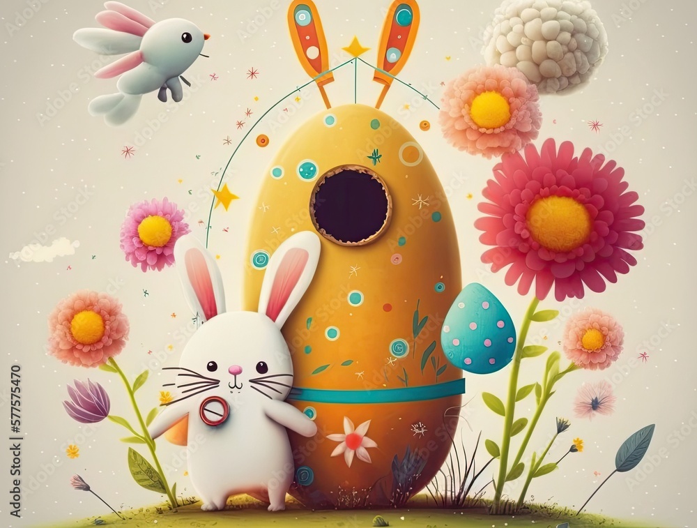Easter bunny in his magical house surrounded by flowers, Generative AI, easter bunny, chocolate ...