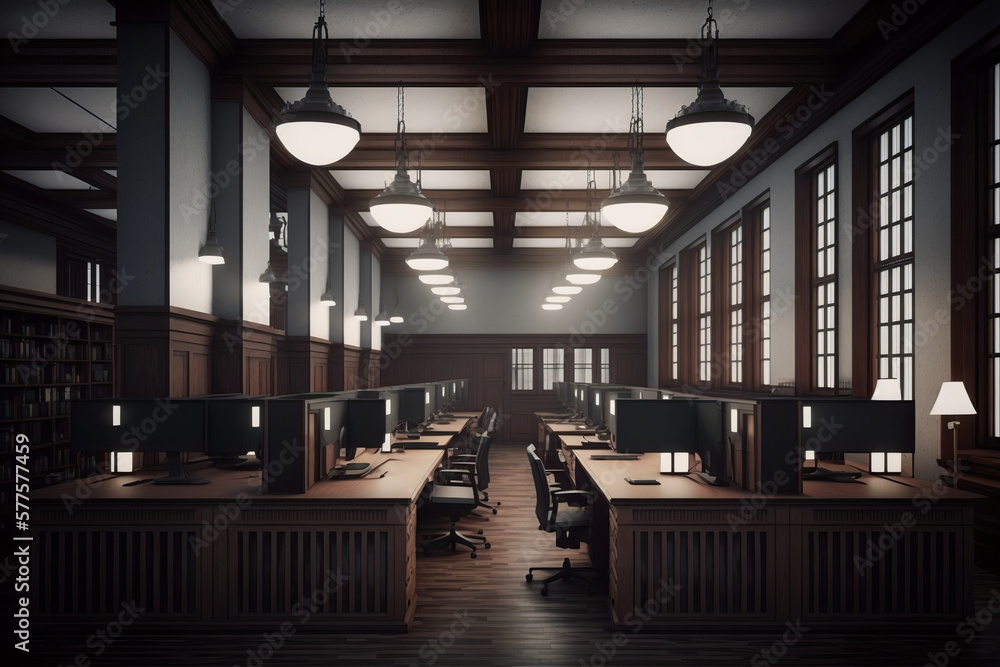 professional office interior with dark wooden desks under massive ...