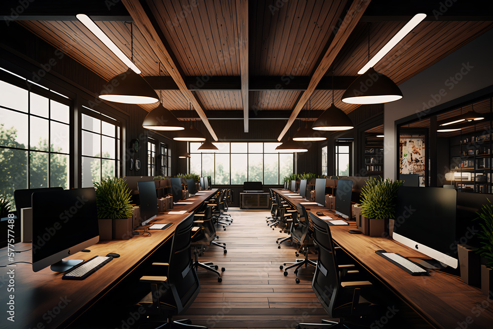 professional office interior with dark wooden desks under massive ...