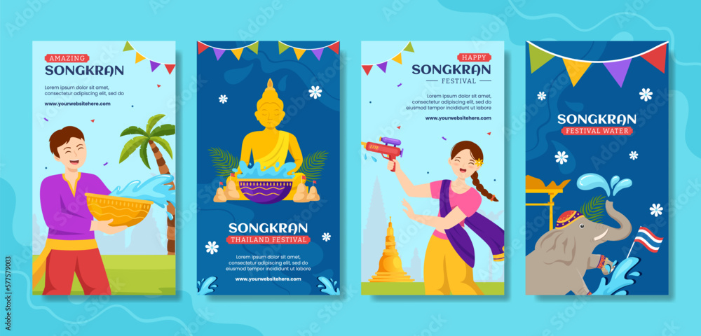 Songkran Festival Day Social Media Stories Cartoon Hand Drawn Templates ...