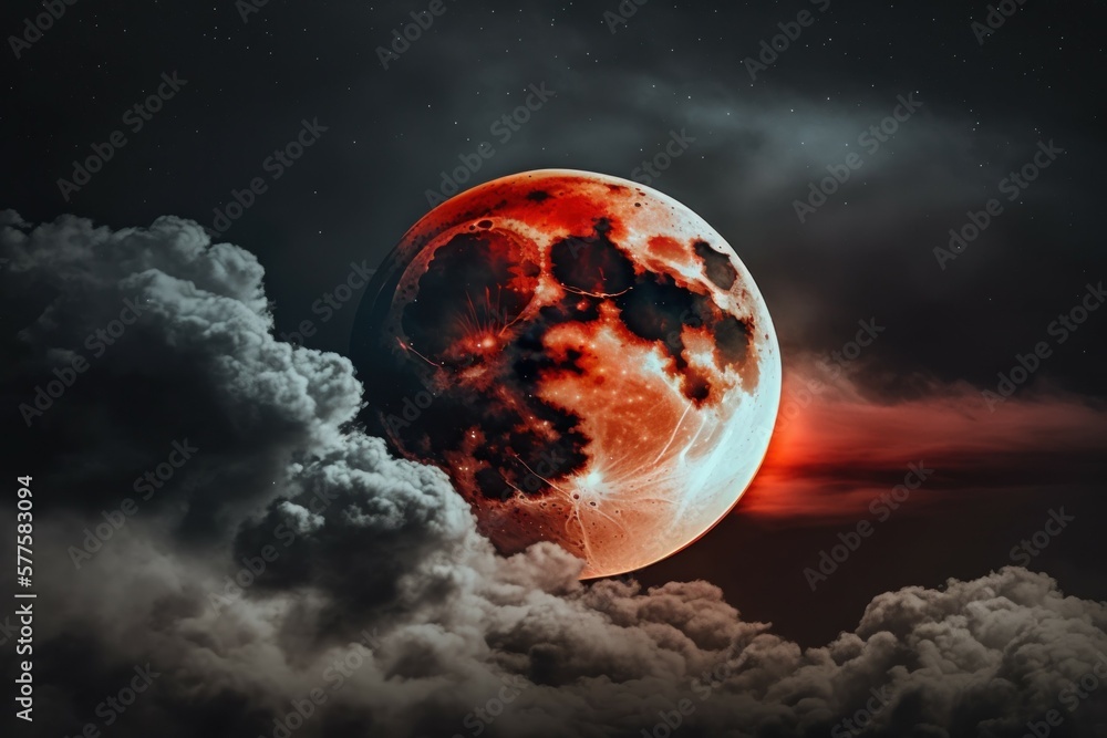Blood Moon, Red moon, real full blood moon in black sky with cloud. AI ...