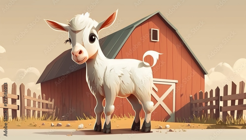 Adorable Cartoon Baby Goat on a Farm in Front of a Barn. [Storybook ...