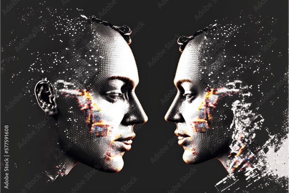 Surrealistic human face created by arrayed pixel particles face forming ...