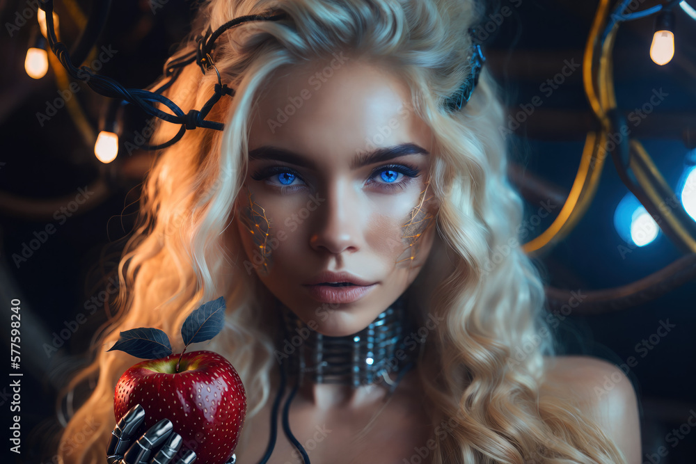 Portrait of female cyborg with red apple, cyborg Eve concept, AI safety ...