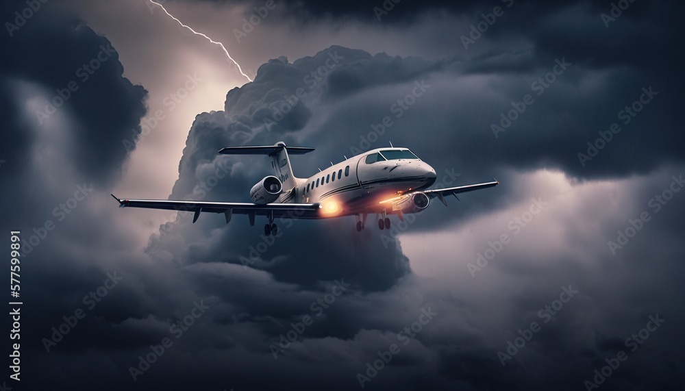 Airplane flying through storm clouds with lightning. Private jet ...