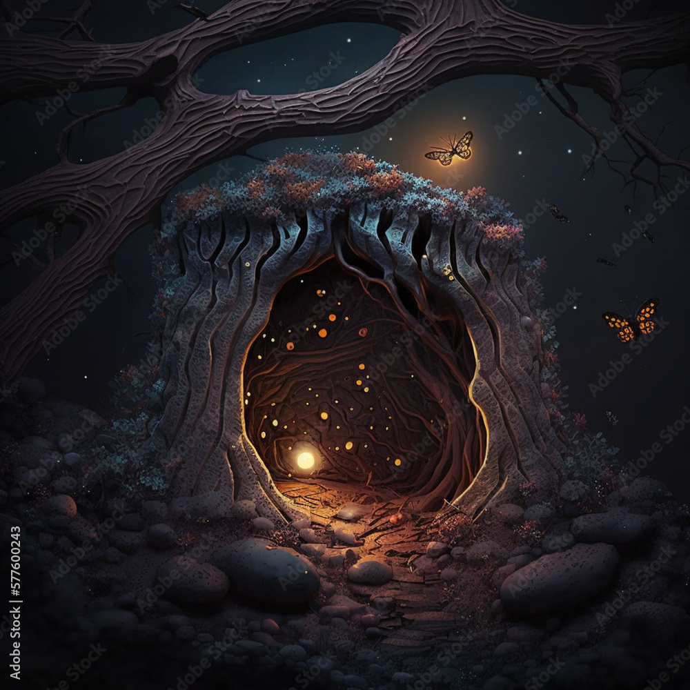 Glow in the Forest: A Mystical Illustration of Fireflies Around the ...