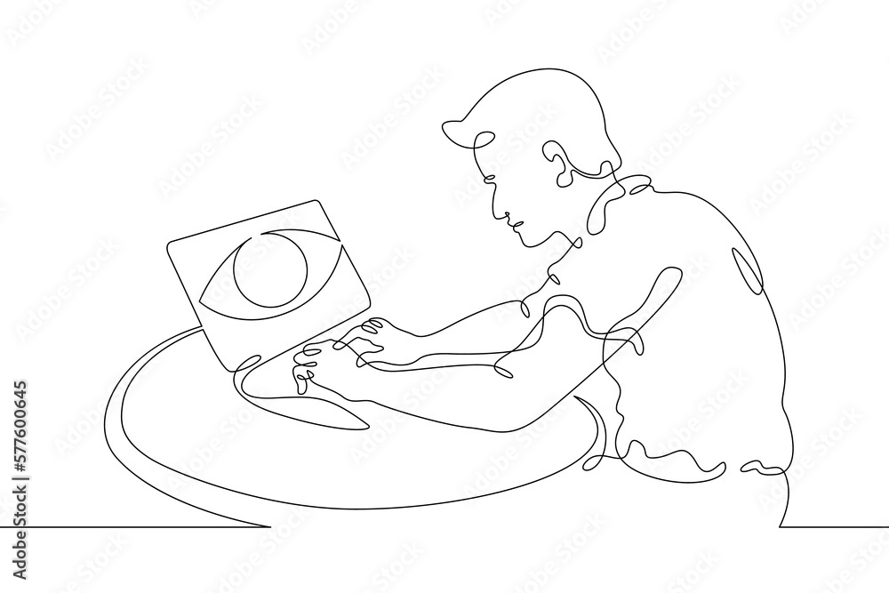 One continuous line. Eye on laptop screen. Open laptop. All-seeing eye ...