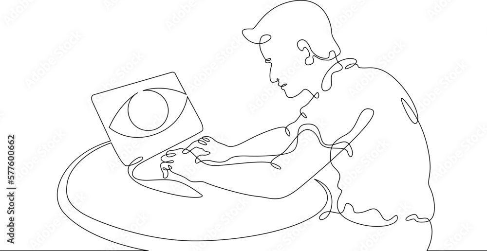One continuous line. Eye on laptop screen. Open laptop. All-seeing eye ...
