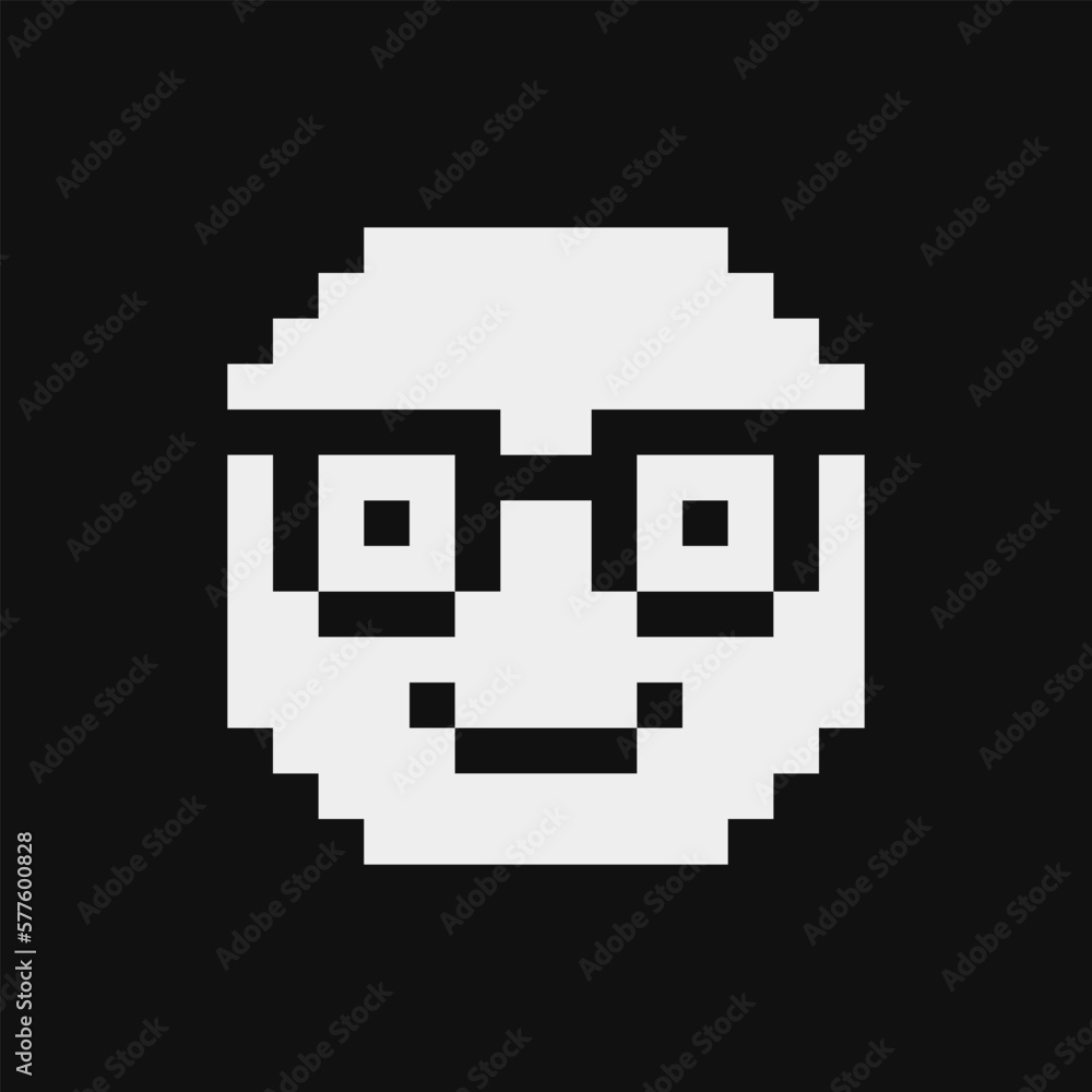Nerd face. Smiling emoticon wearing eyeglasses, emoji, smiley. Pixel ...