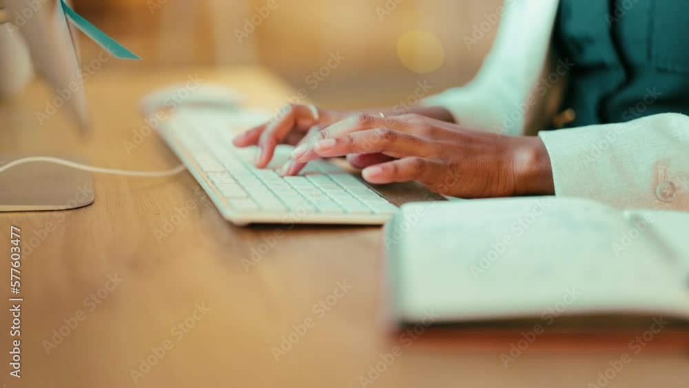 Business woman, hands and writing notes or typing on computer for ...