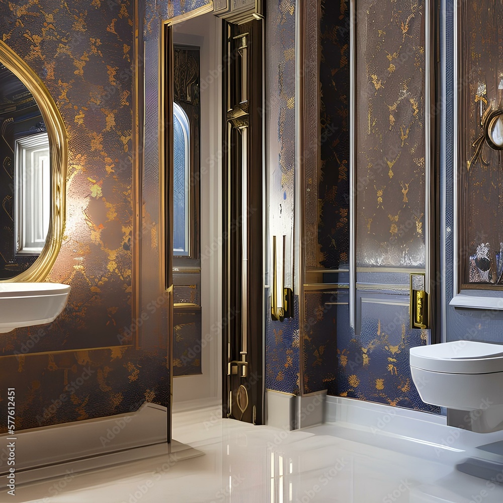 Small powder room with wallpaper accent wall1, Generative AI Stock ...