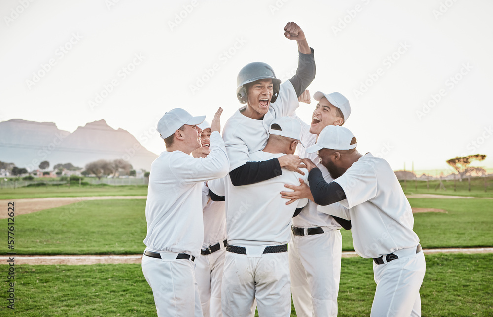 Baseball men, team celebrate and winning competition, game and sports ...