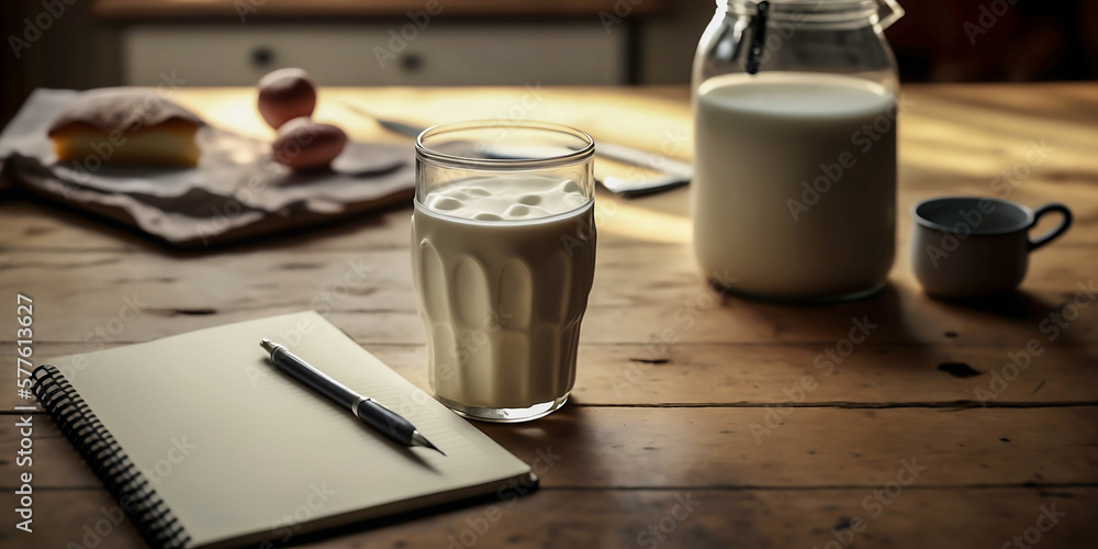 Milk in a beautiful glass on the table beside notebook favorite cup of ...