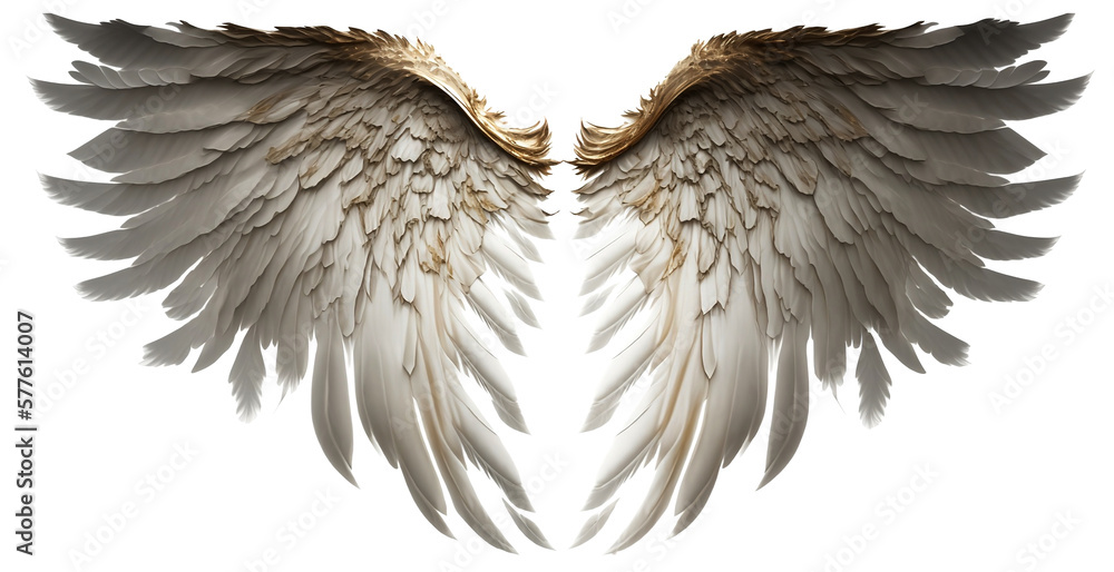 Golden White angel wings render 3D feather bird wings isolated on white ...