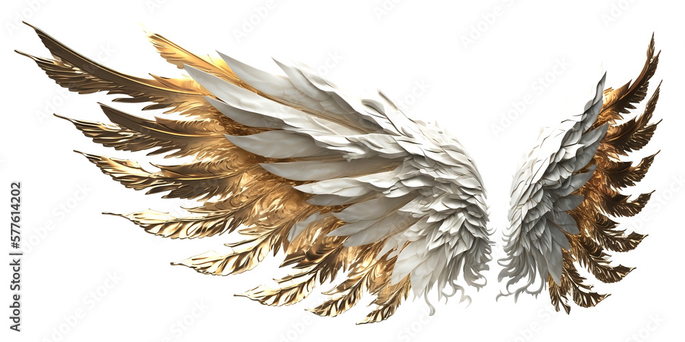 Golden White angel wings render 3D feather bird wings isolated on white ...