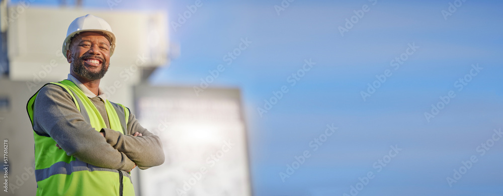 Architect portrait, proud and happy black man, real estate developer or ...