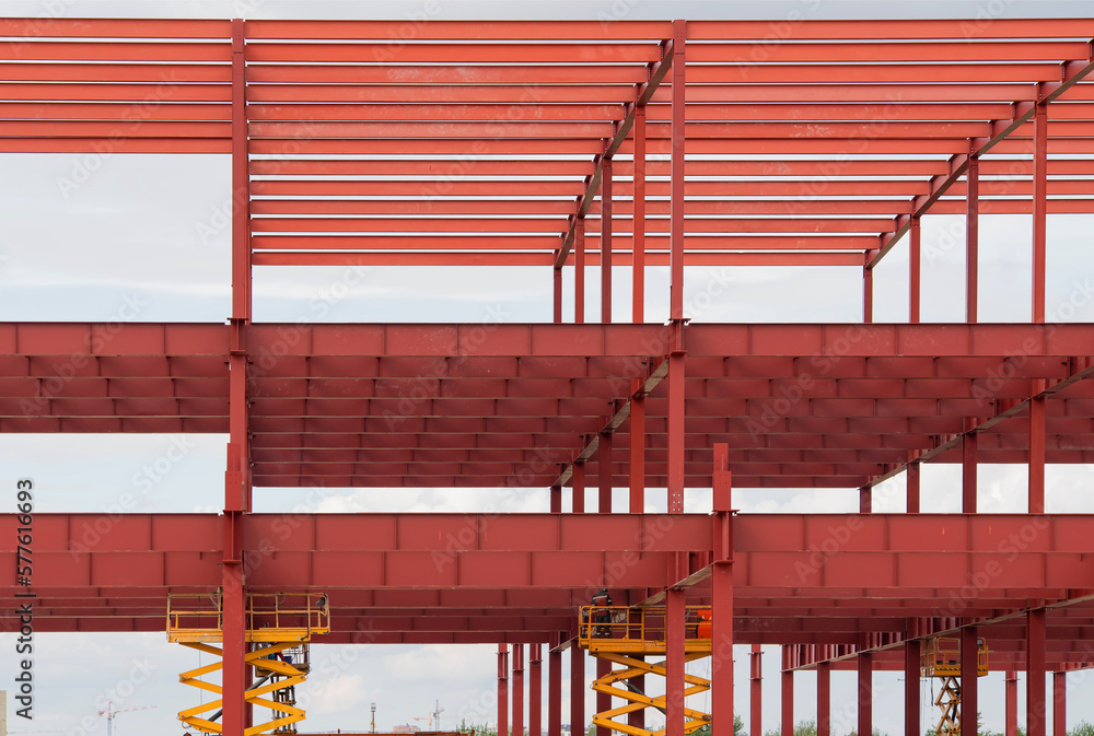 Front view of the steel frame structure. Metal structures during the ...